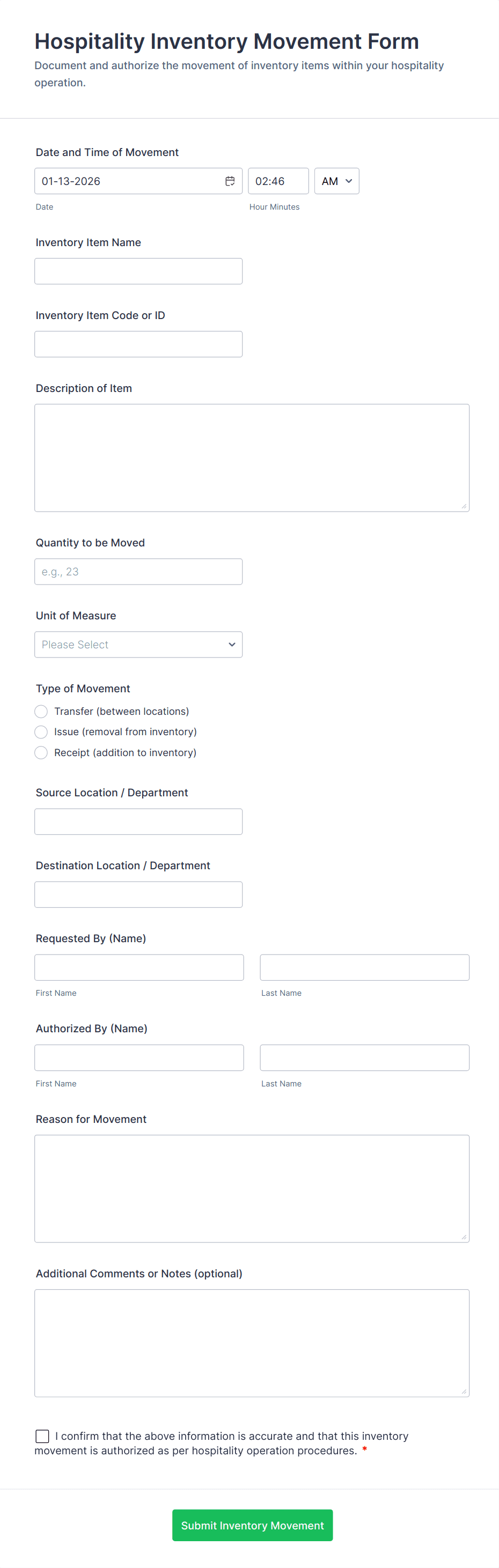 Hospitality Inventory Movement Form Template | Jotform