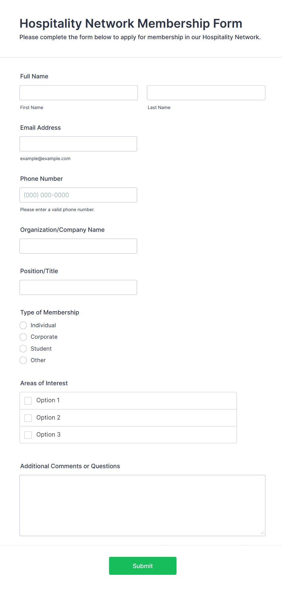 Hospitality Network Membership Form Template | Jotform