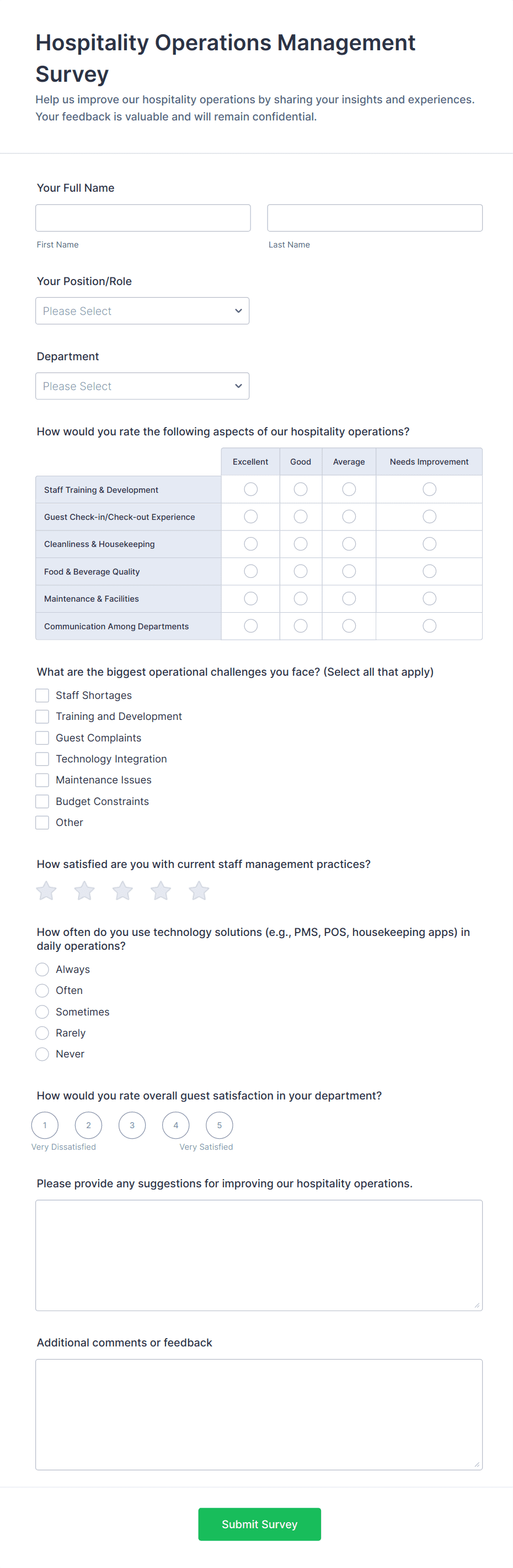 Hospitality Operations Management Survey Form Template | Jotform
