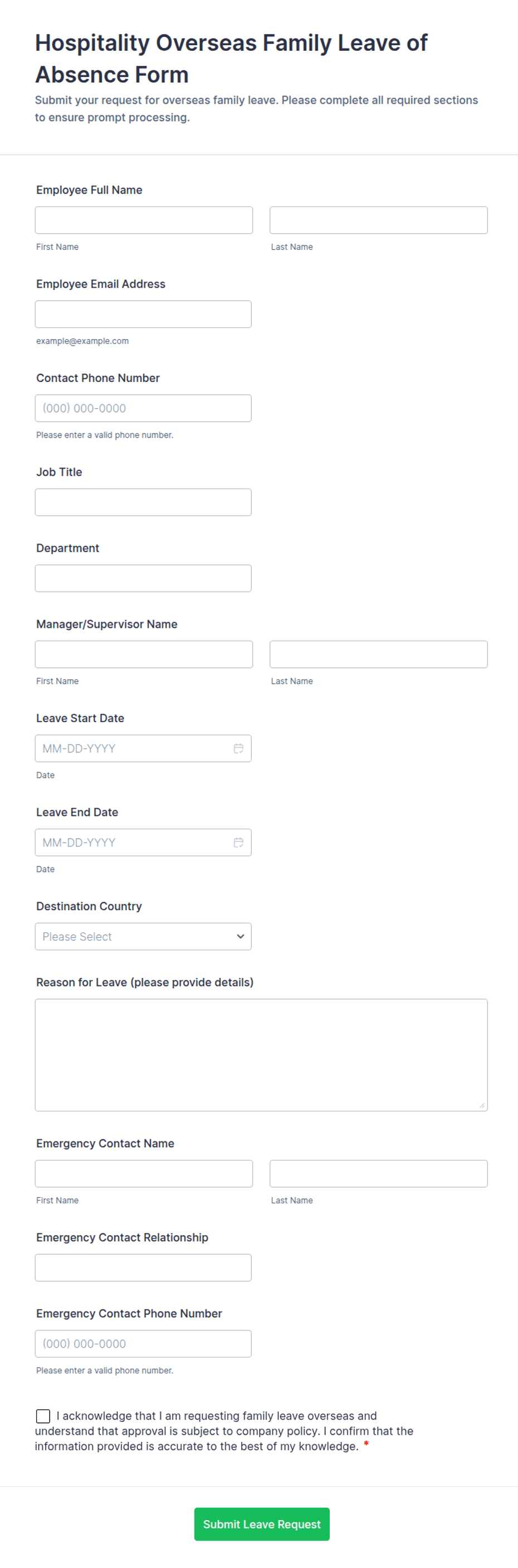 Hospitality Overseas Family Leave of Absence Form Template | Jotform