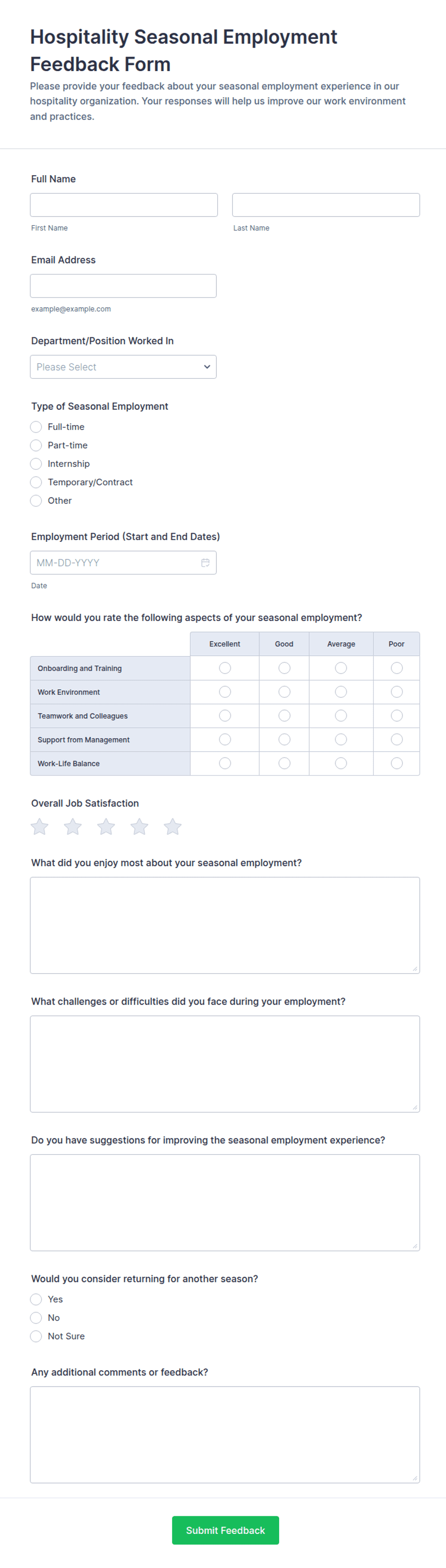 Hospitality Seasonal Employment Feedback Form Template | Jotform