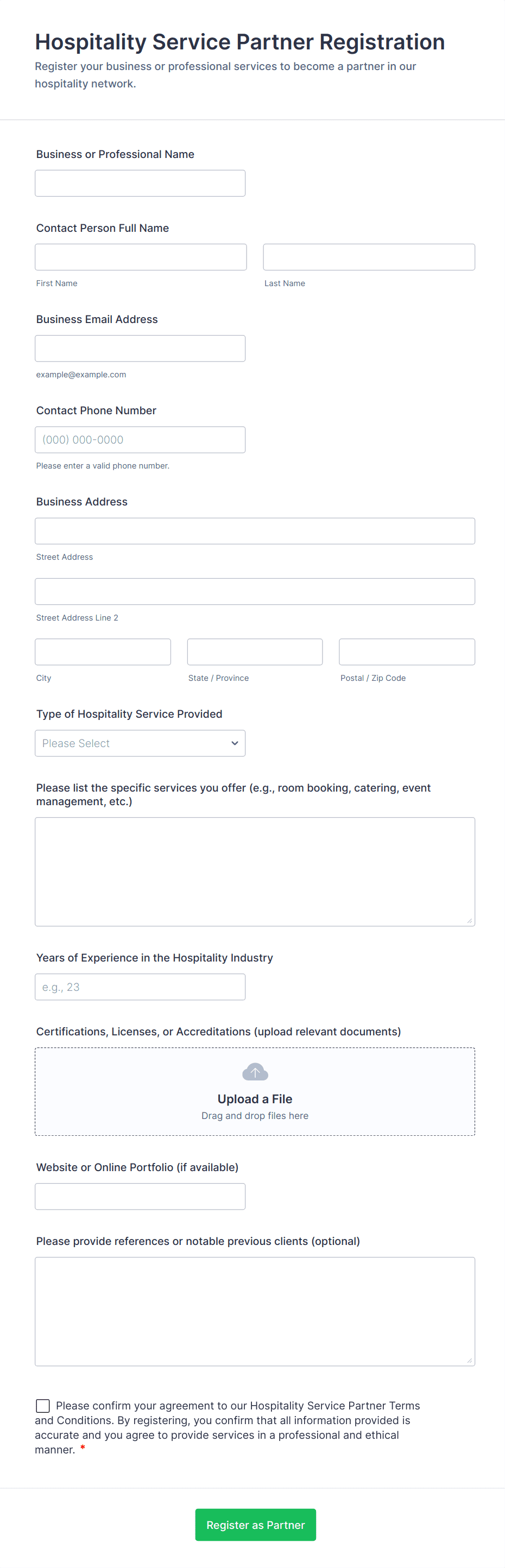 Hospitality Service Partner Registration Form Template | Jotform