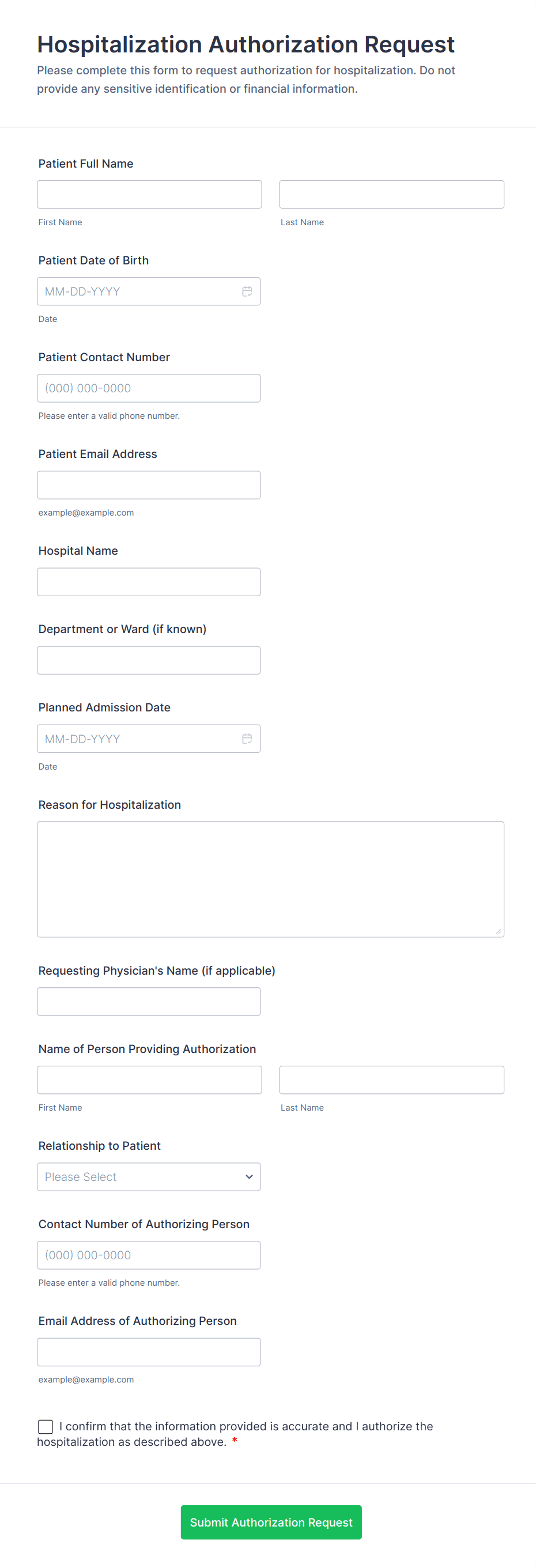 Hospitalization Authorization Request Form Template | Jotform