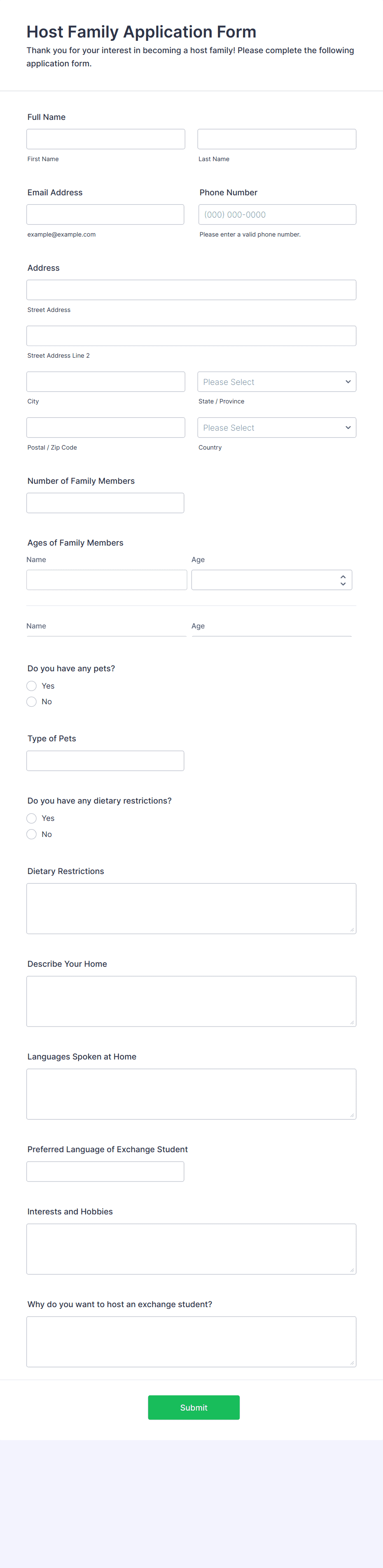 Host Family Application Form Template | Jotform