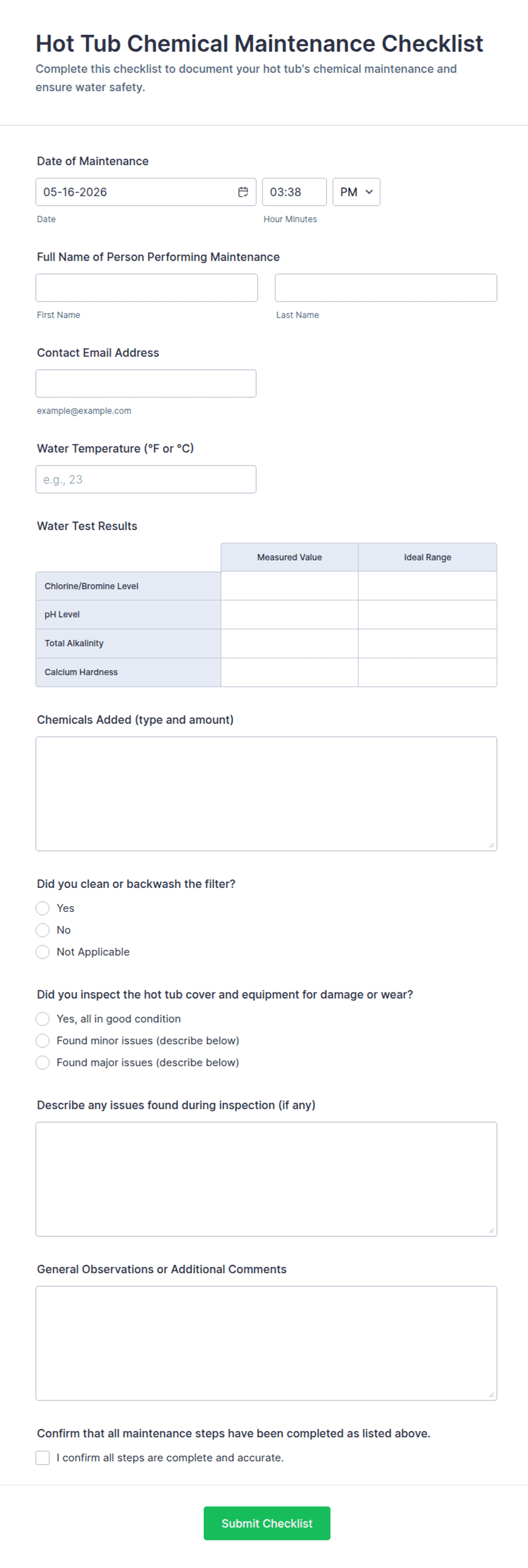 Hot Tub Chemical Maintenance Checklist Form Template | Jotform