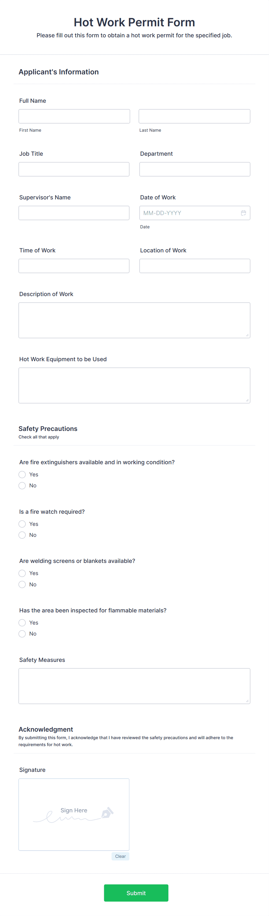 Hot Work Permit Form Template | Jotform