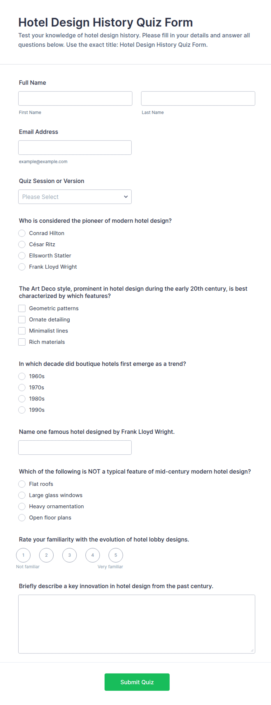 Hotel Design History Quiz Form Template | Jotform