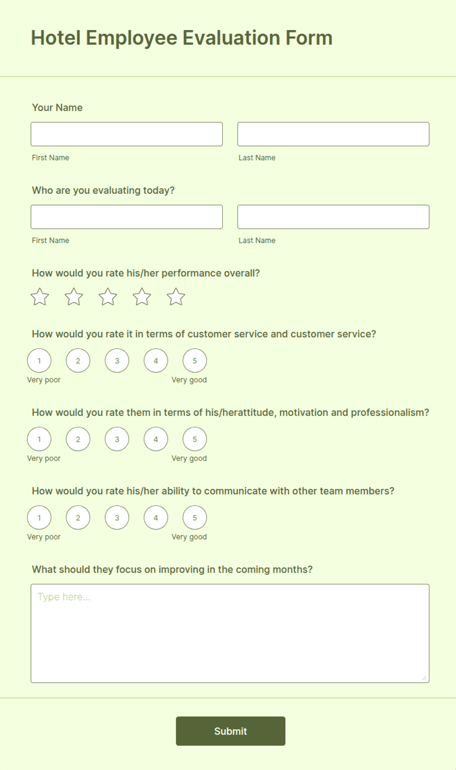 Hotel Employee Evaluation Form Template | Jotform