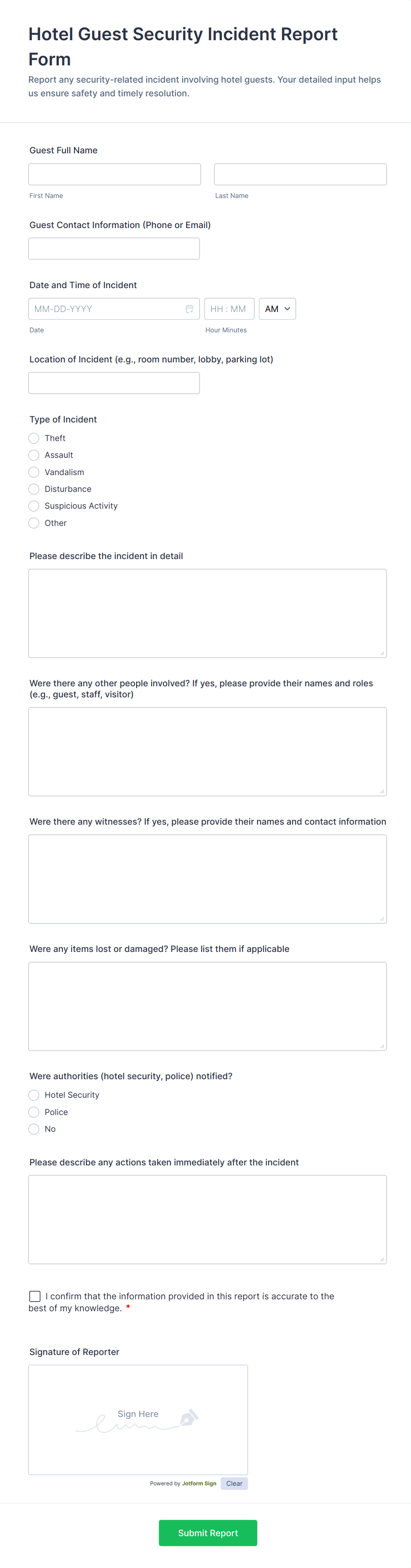 Hotel Guest Security Incident Report Form Form Template | Jotform