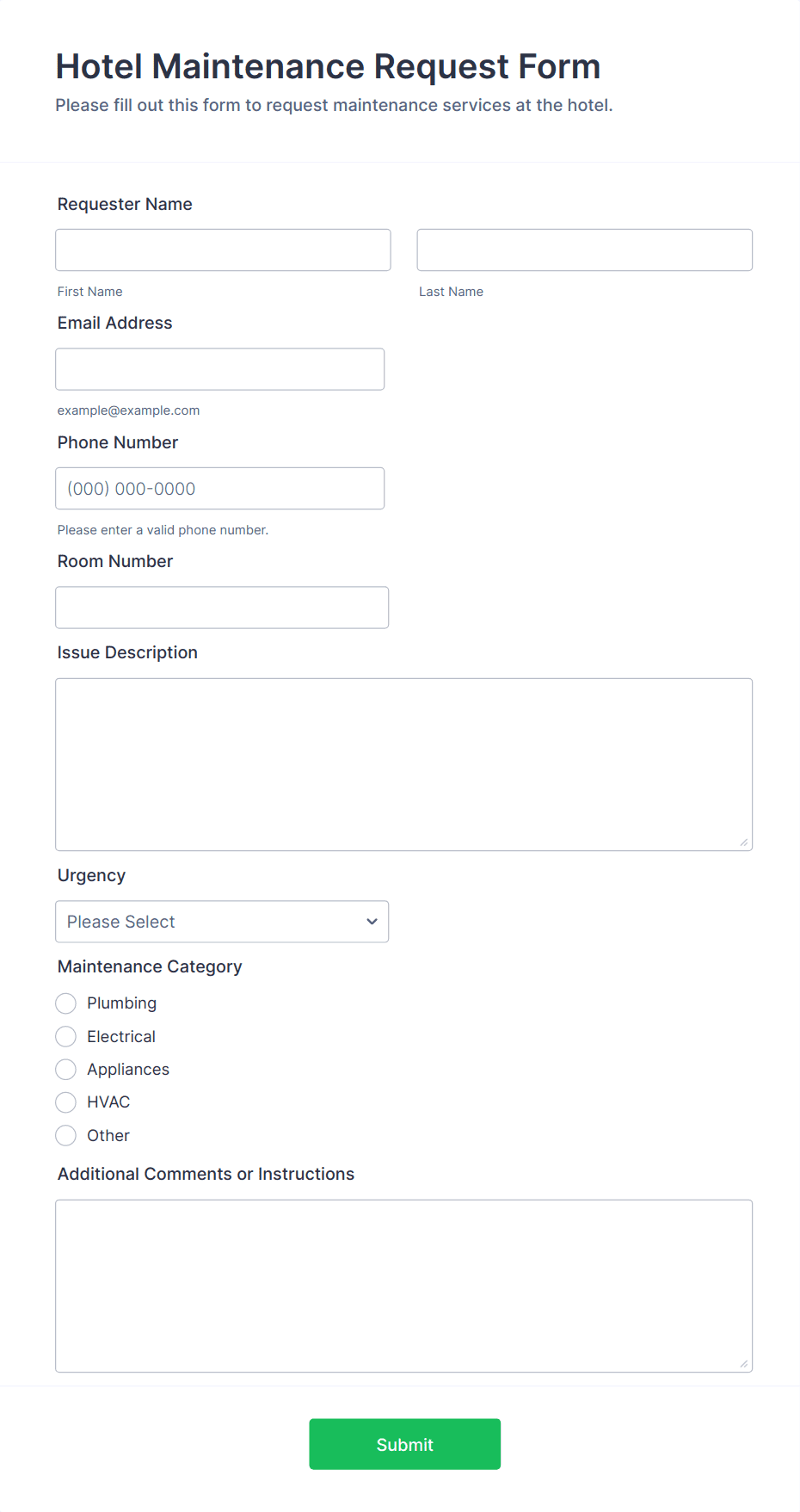 Hotel Maintenance Request Form Template | Jotform