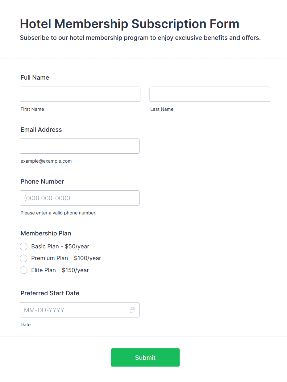 Hotel Membership Subscription Form Template | Jotform