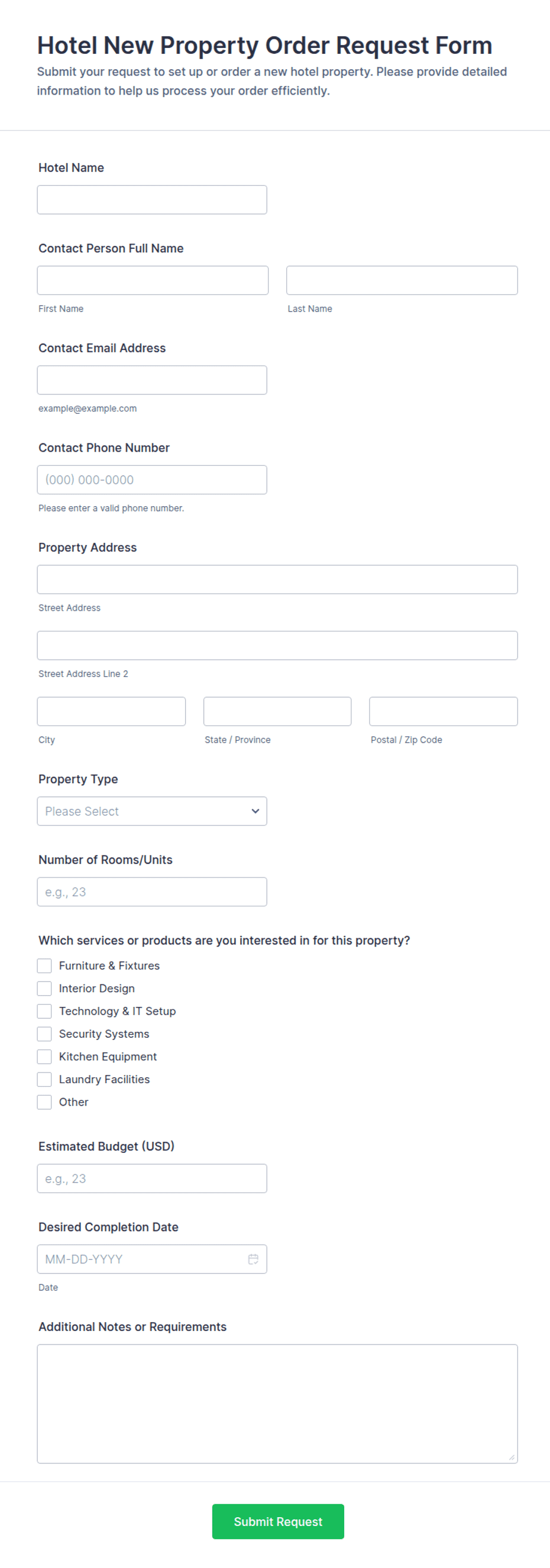 Hotel New Property Order Request Form Template | Jotform