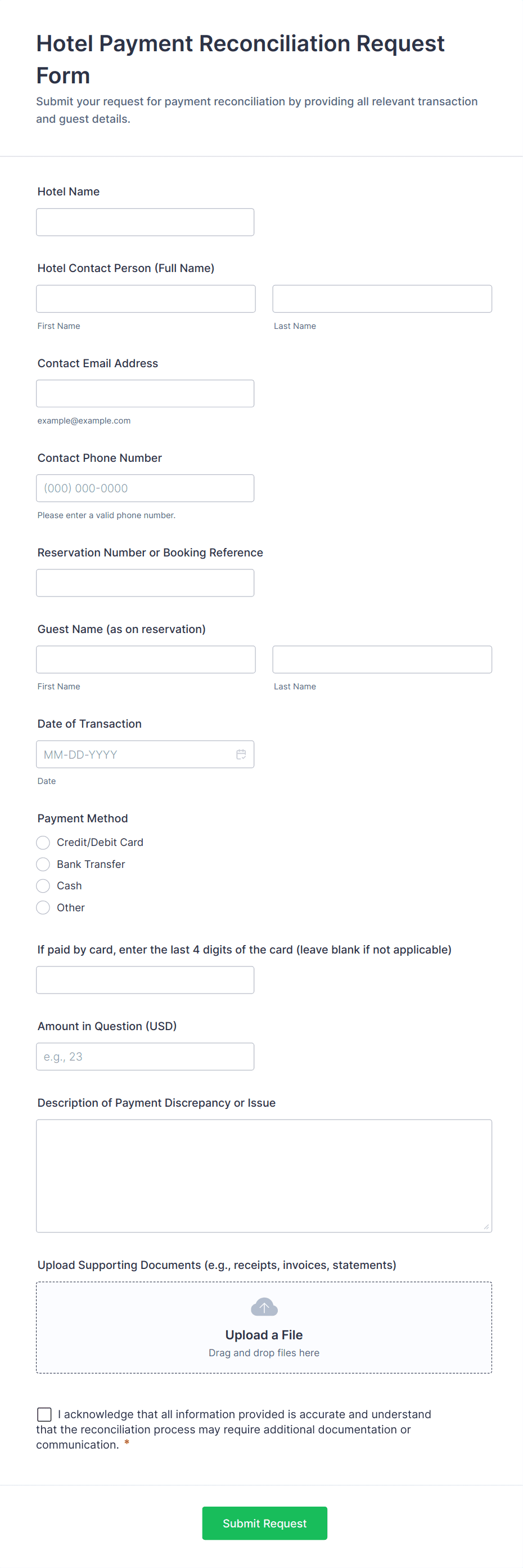Hotel Payment Reconciliation Request Form Template | Jotform