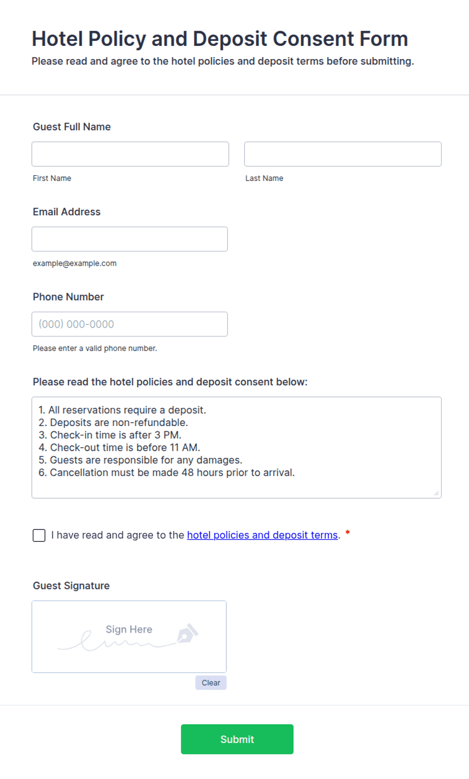 Hotel Policy and Deposit Consent Form Template | Jotform