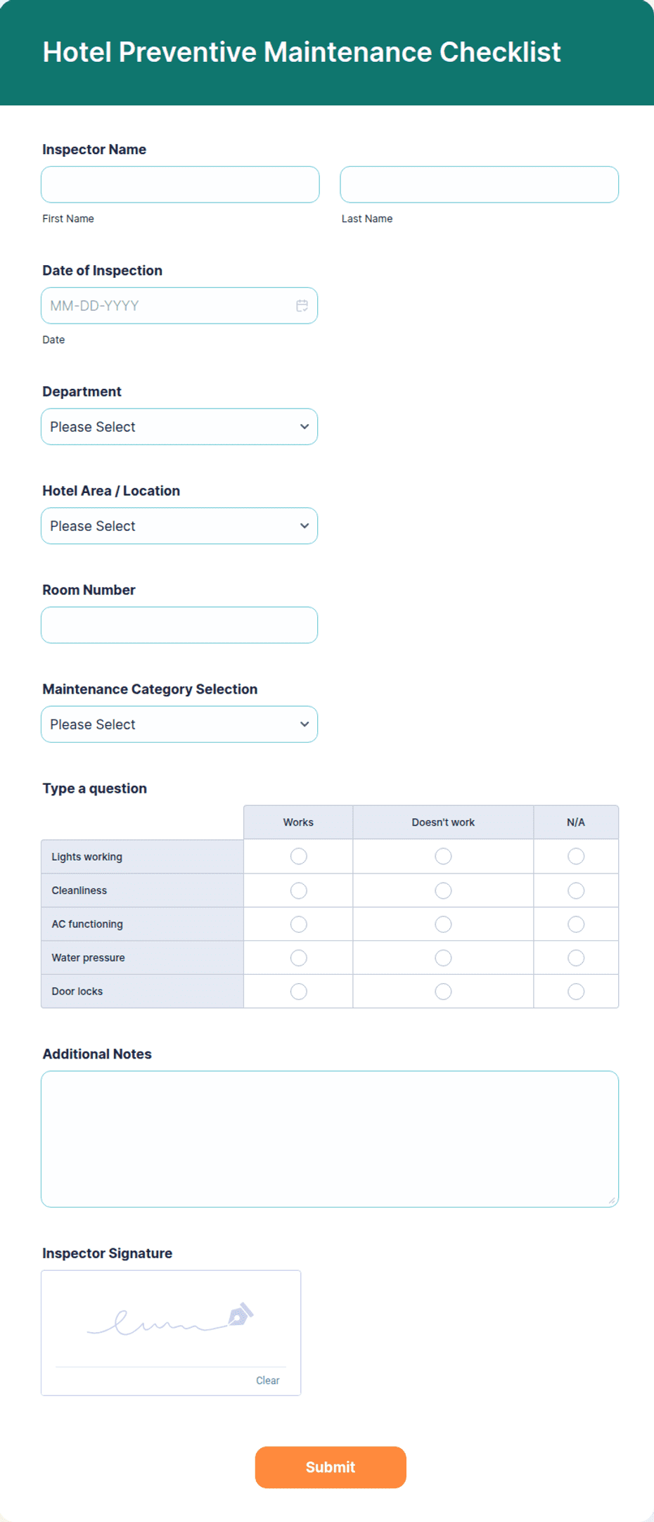 Hotel Preventive Maintenance Checklist Form Template | Jotform