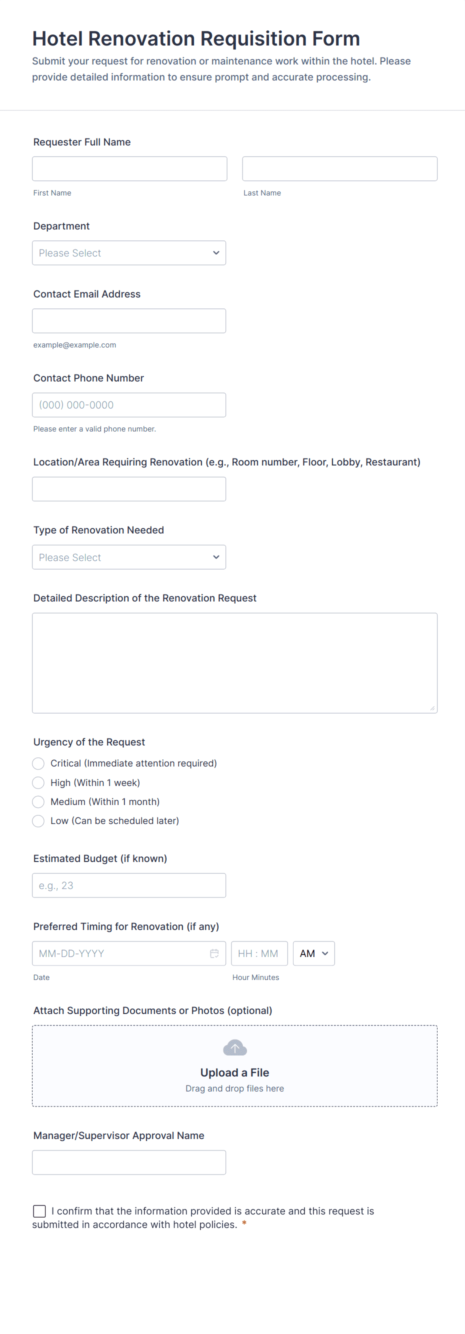 Hotel Renovation Requisition Form Template | Jotform