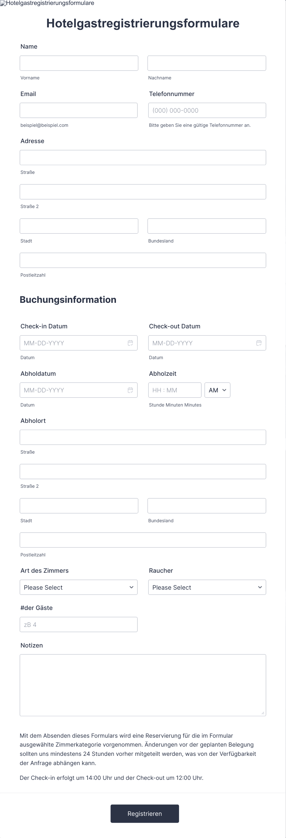 Hotelgastregistrierungsformulare Formularvorlage | Jotform