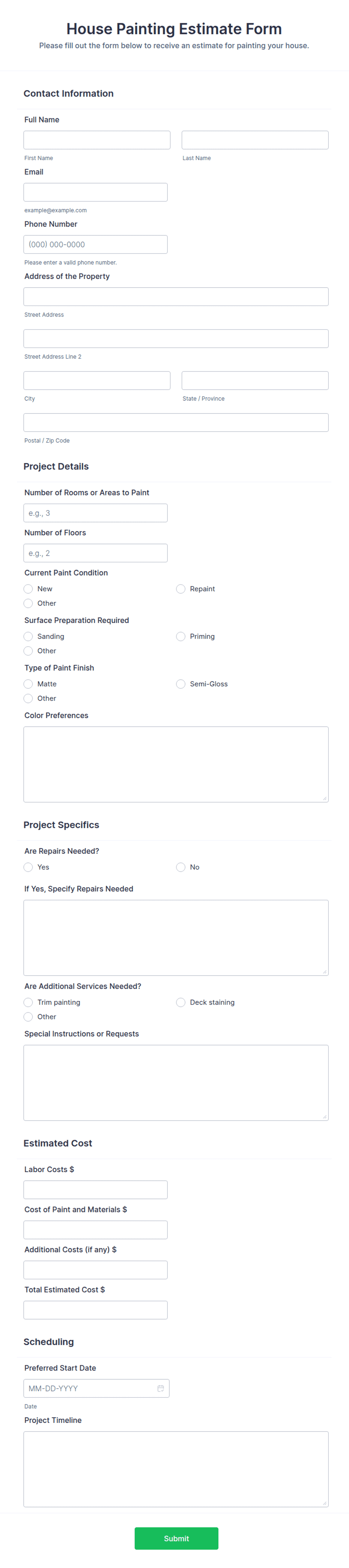 House Painting Estimate Form Template | Jotform