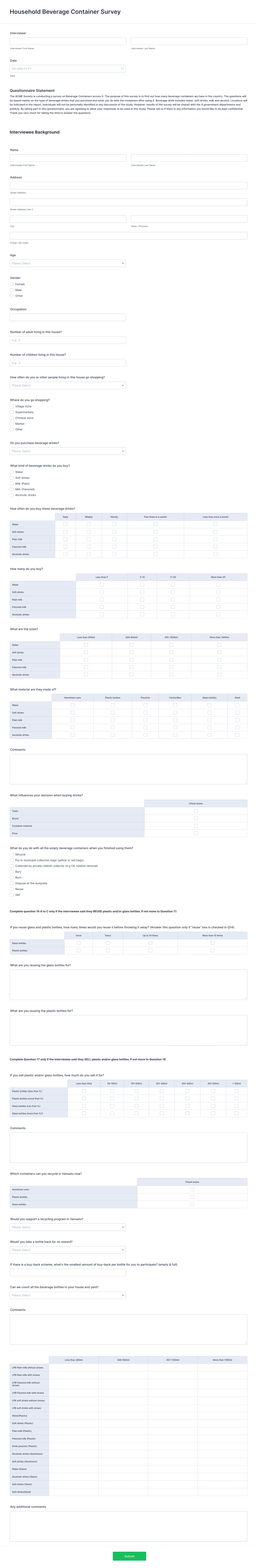 Household Beverage Container Survey Form Template | Jotform