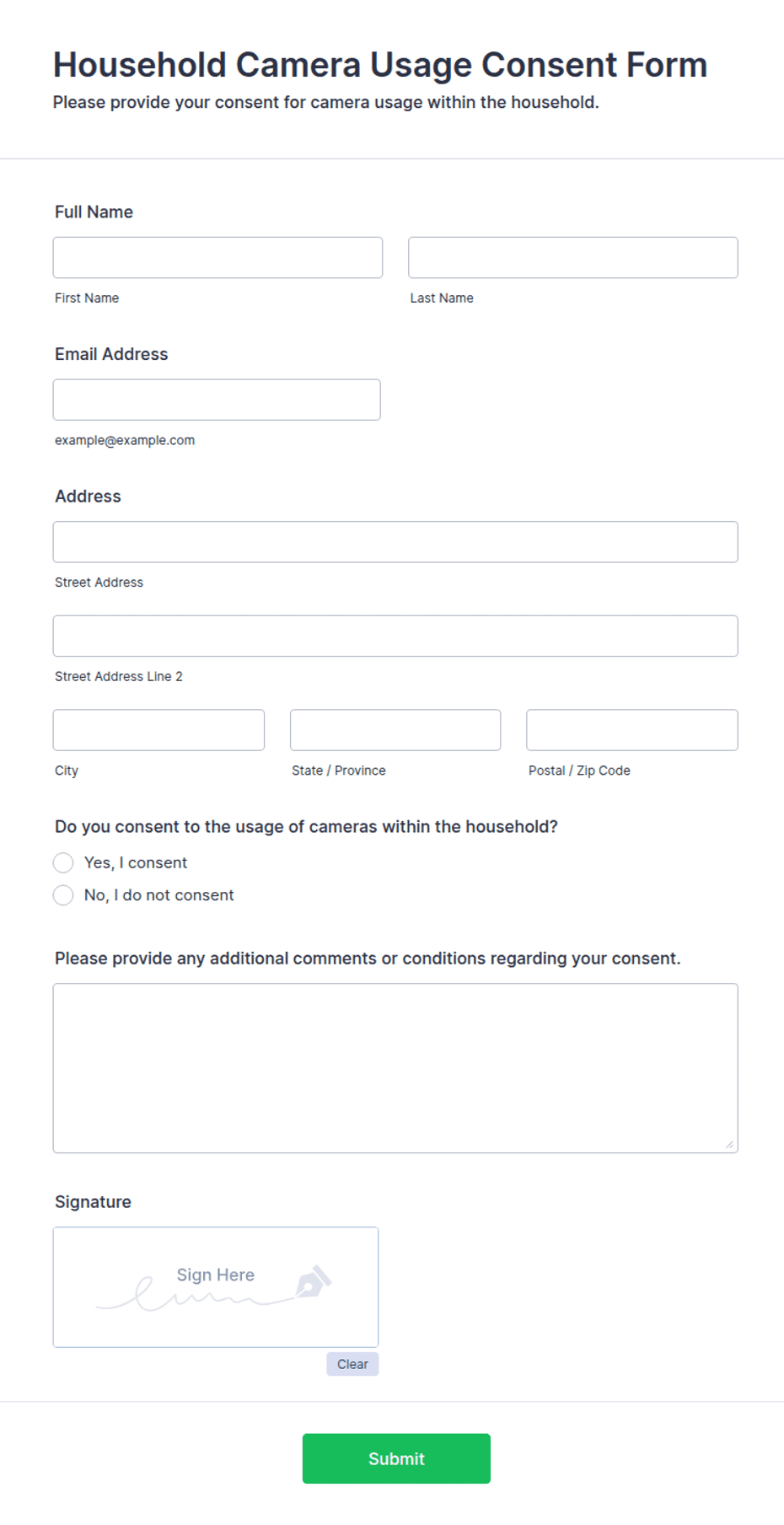Household Camera Usage Consent Form Template | Jotform