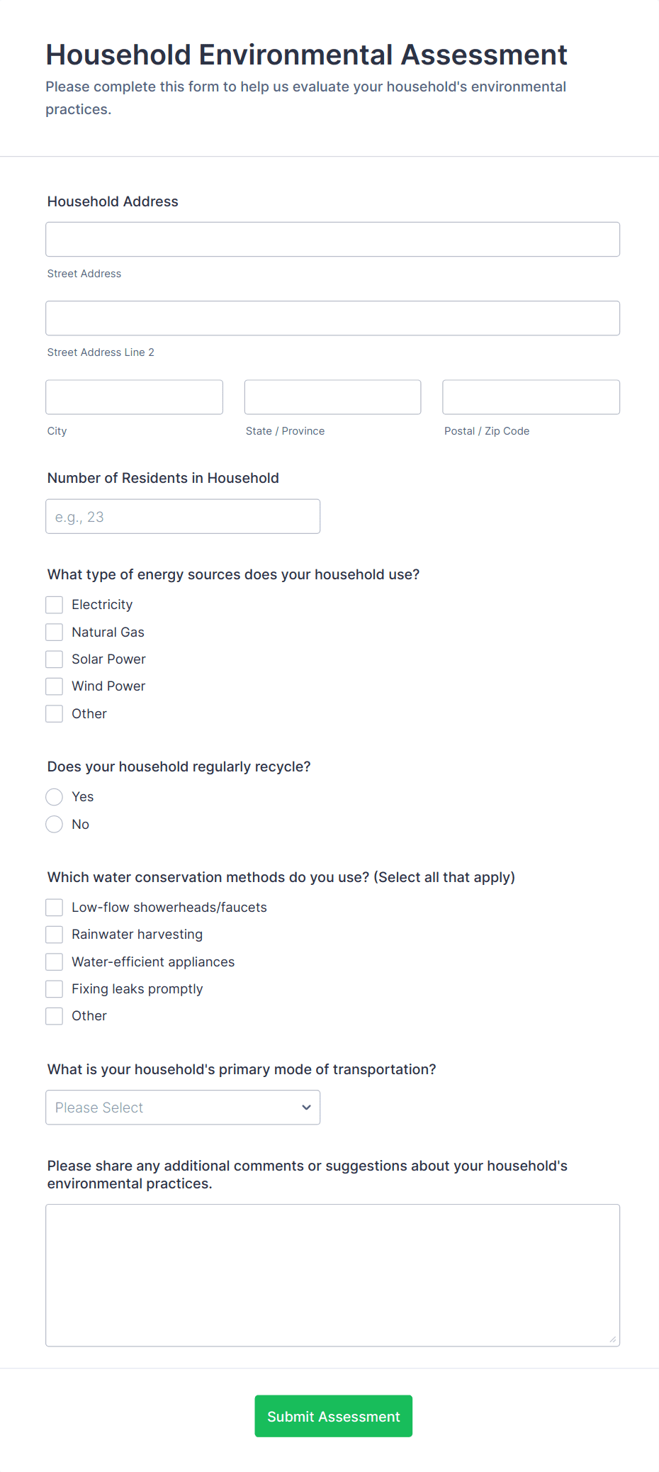 Household Environmental Assessment Form Template | Jotform