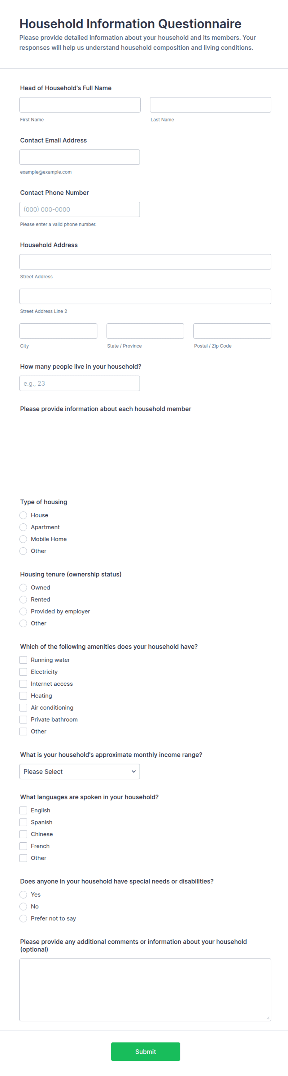 Household Information Questionnaire Form Template | Jotform
