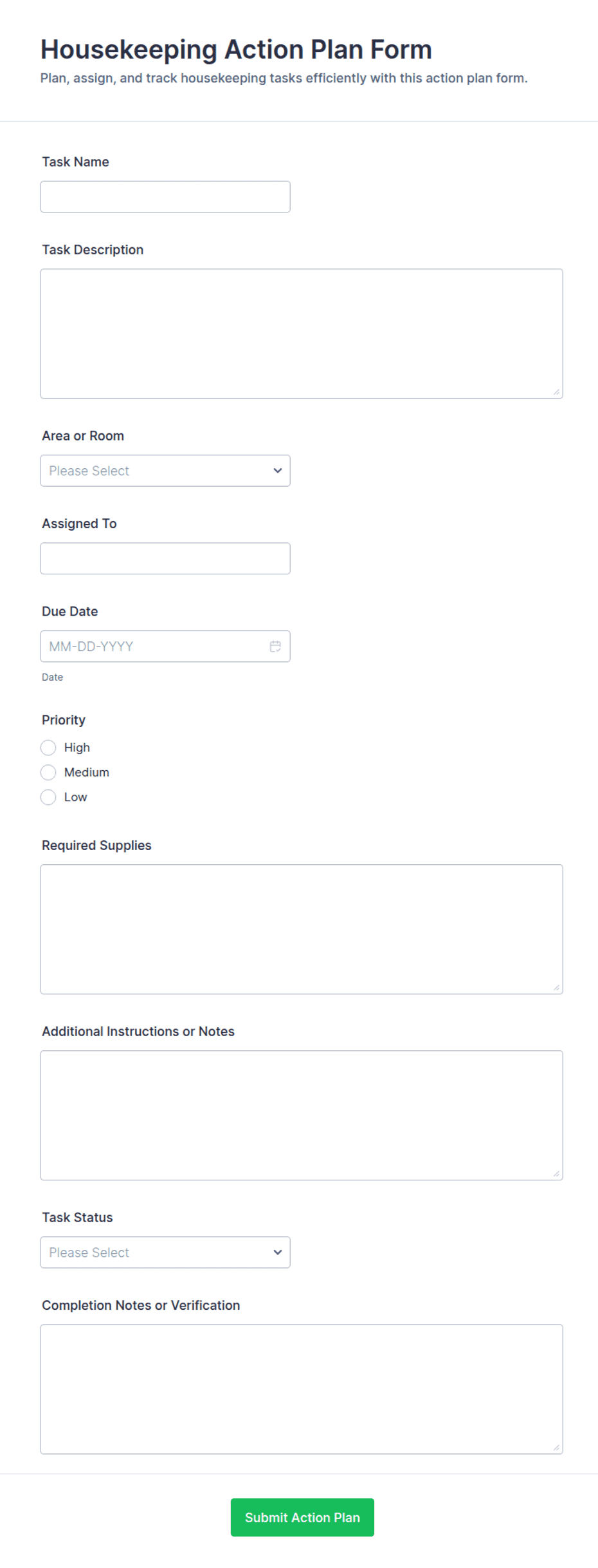 Housekeeping Action Plan Form Template | Jotform