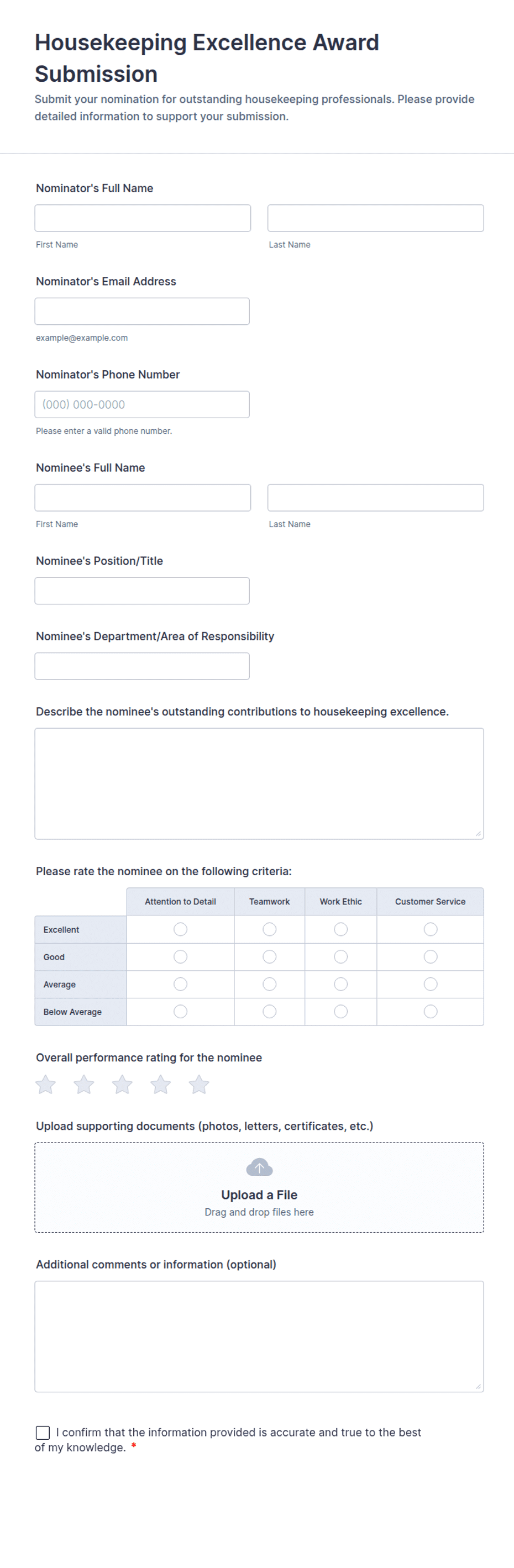 Housekeeping Excellence Award Submission Form Template | Jotform