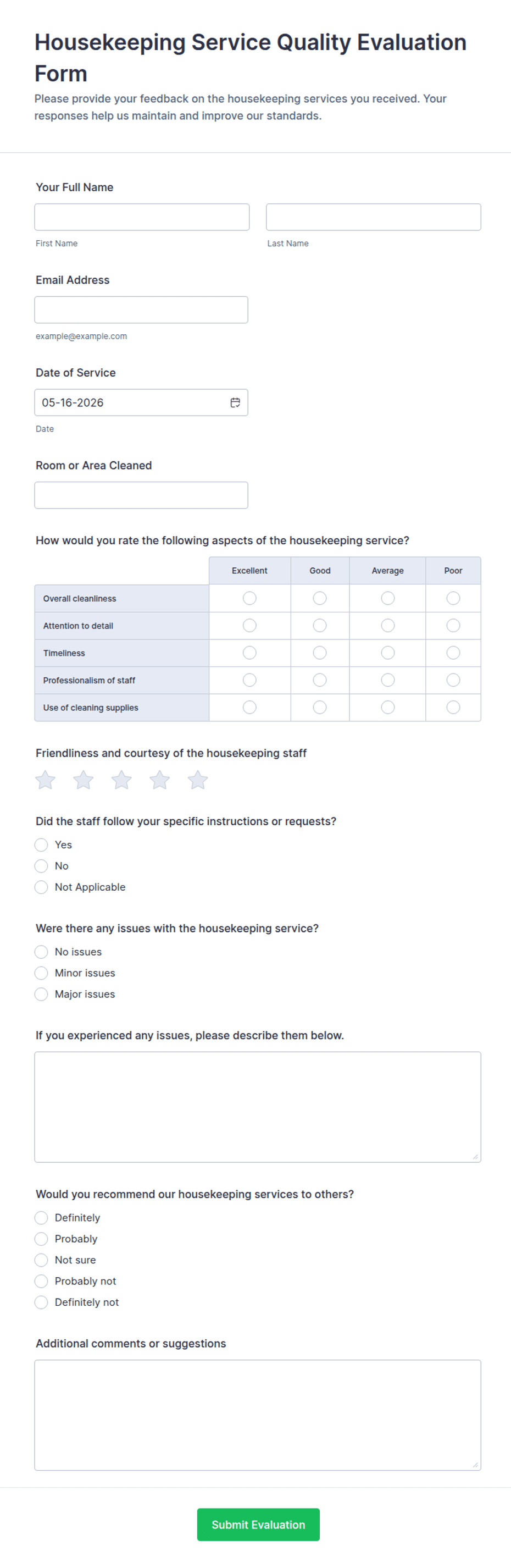 Housekeeping Service Quality Evaluation Form Template | Jotform