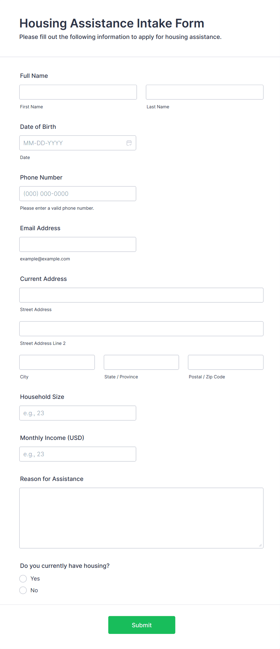 Housing Assistance Intake Form Template | Jotform