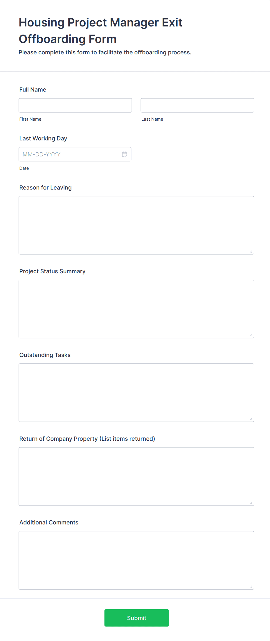 Housing Project Manager Exit Offboarding Form Template | Jotform