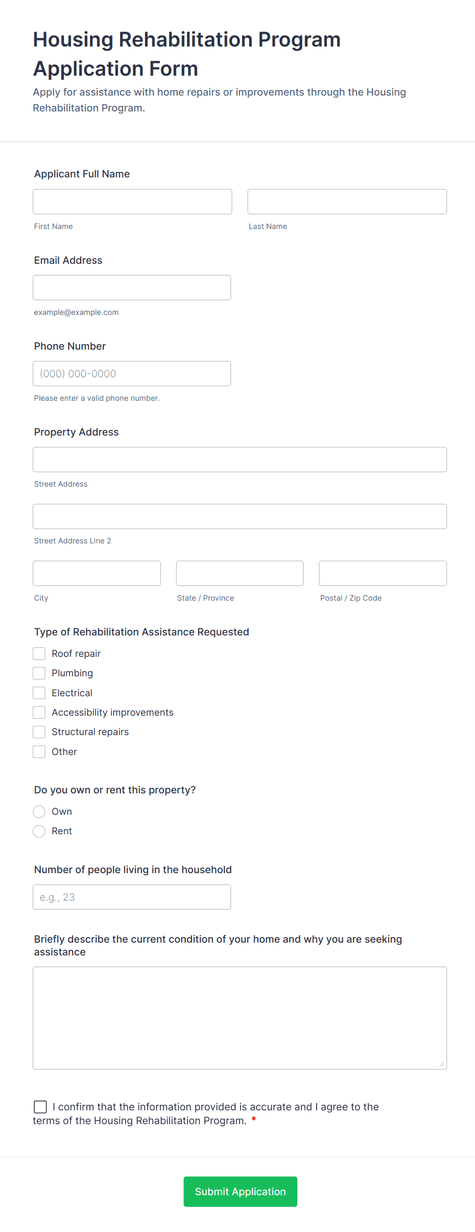 Housing Rehabilitation Program Application Form Template | Jotform