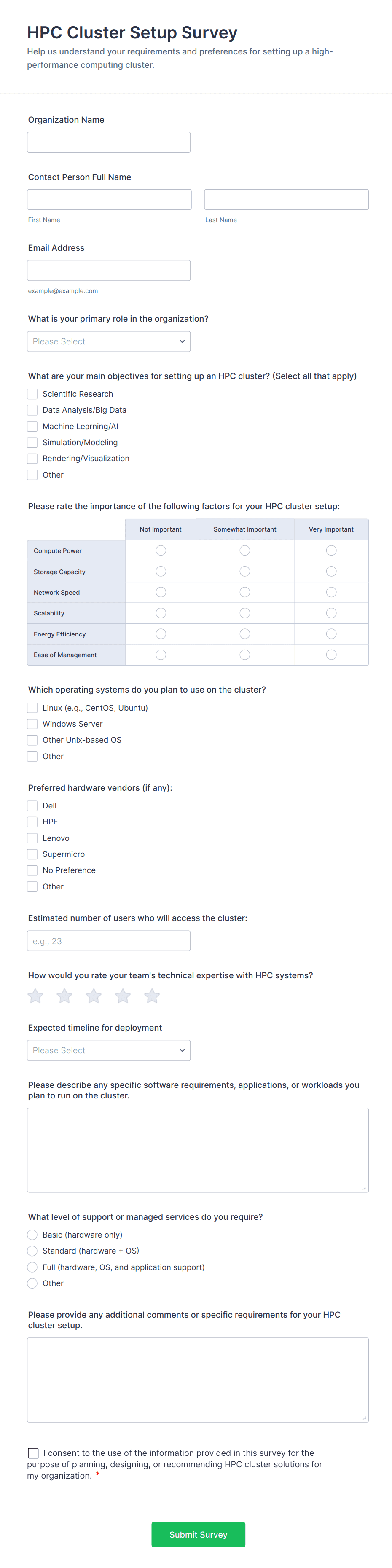 HPC Cluster Setup Survey Form Template | Jotform