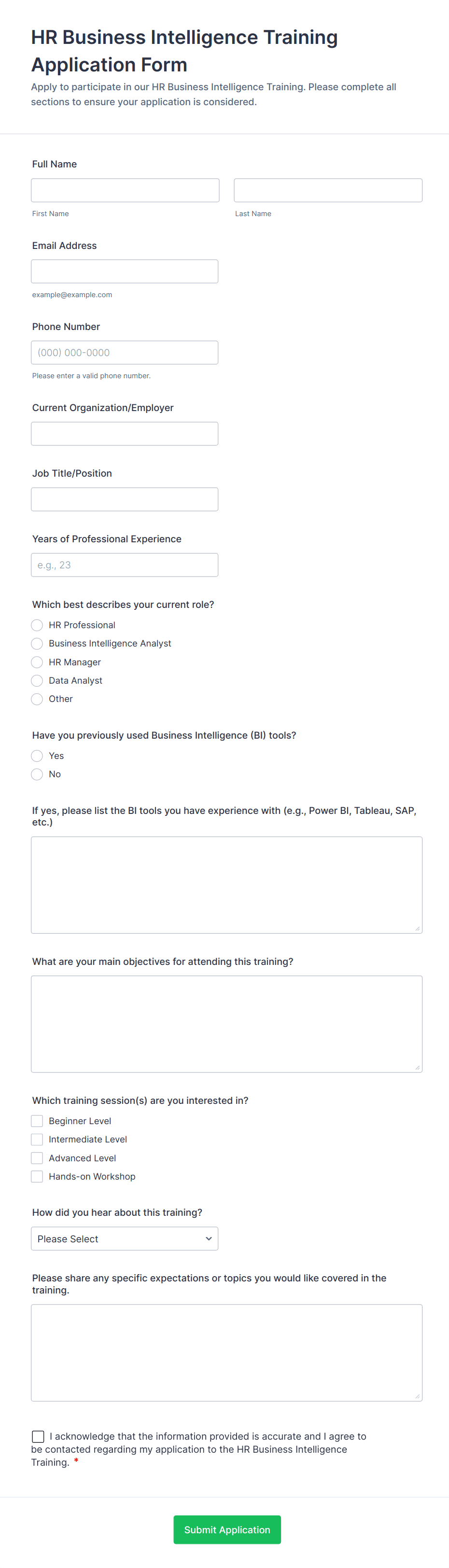 HR Business Intelligence Training Application Form Template | Jotform