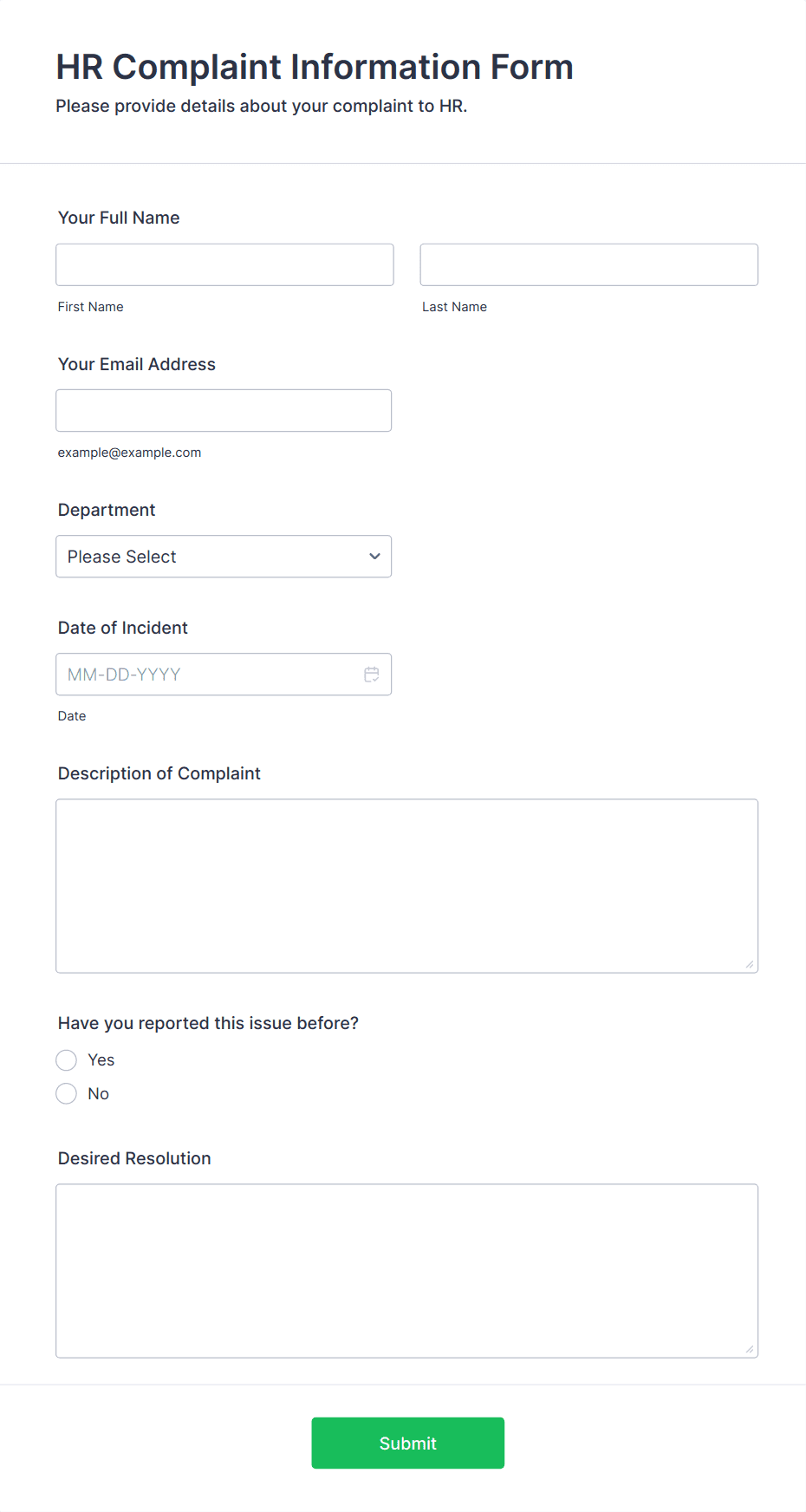 HR Complaint Information Form Template | Jotform