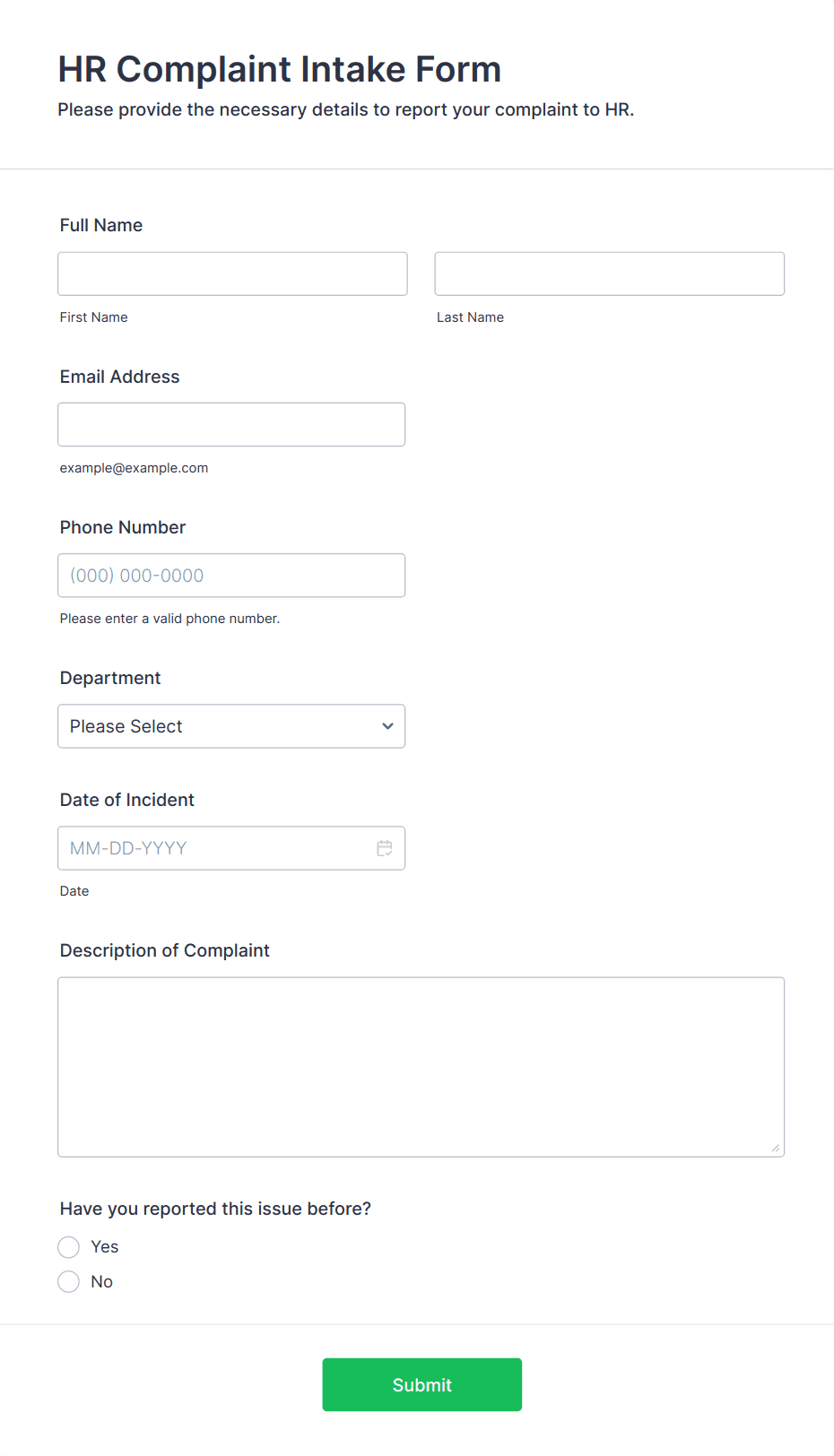HR Complaint Intake Form Template | Jotform