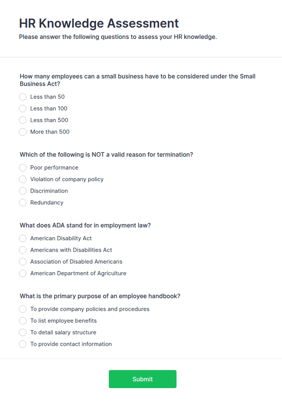 HR Knowledge Assessment Form Template | Jotform