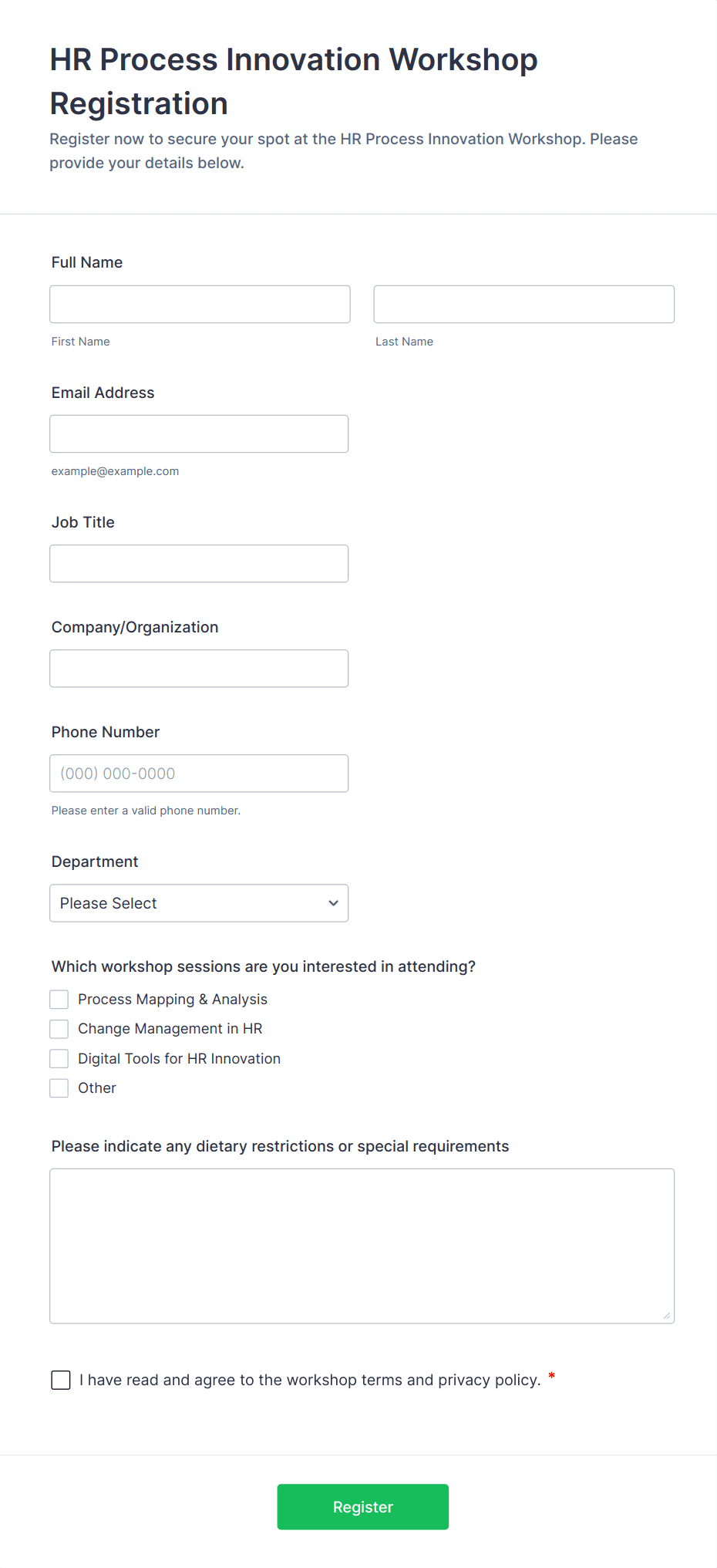 HR Process Innovation Workshop Registration Form Template | Jotform