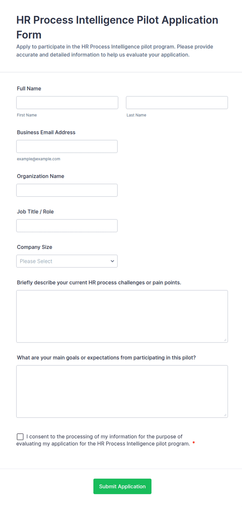 HR Process Intelligence Pilot Application Form Template | Jotform