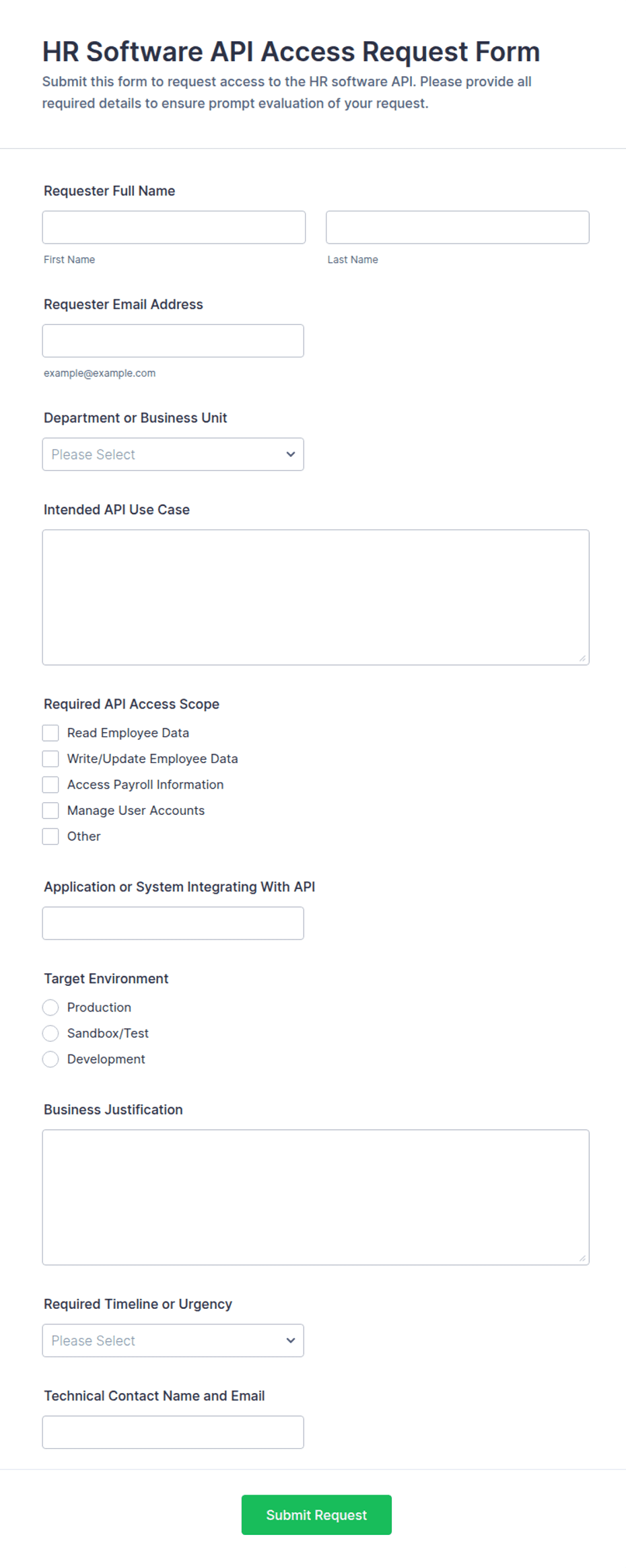 HR Software API Access Request Form Template | Jotform