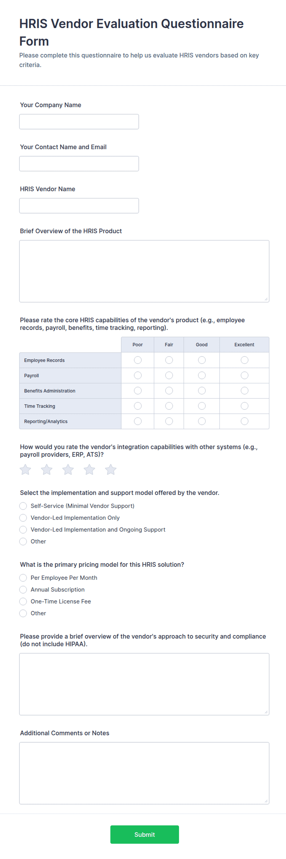 HRIS Vendor Evaluation Questionnaire Form Template | Jotform