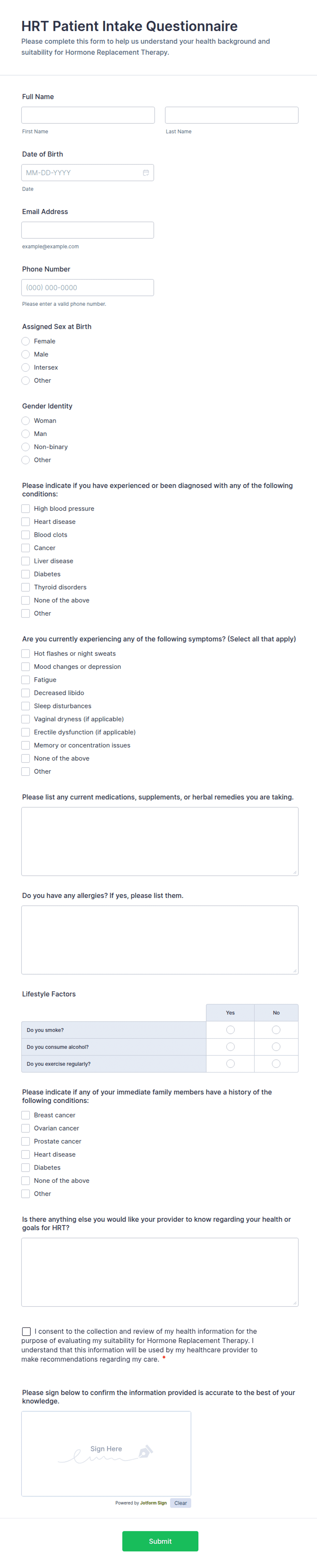 HRT Patient Intake Questionnaire Form Template | Jotform