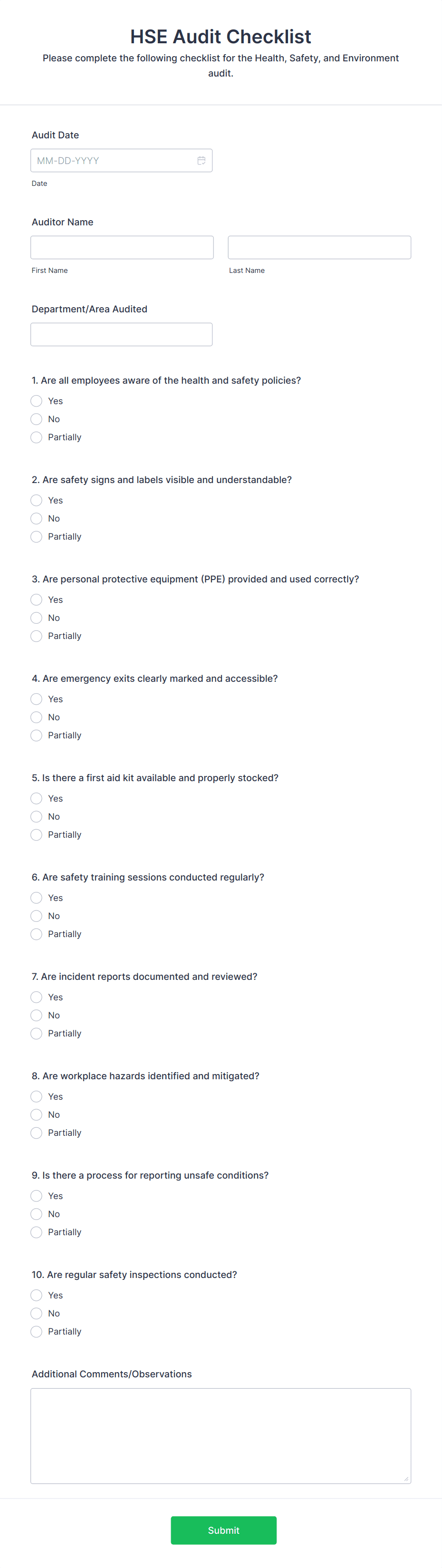 HSE Audit Checklist Form Template | Jotform