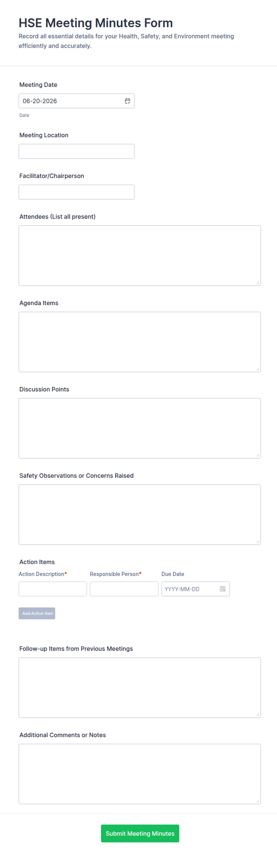 HSE Meeting Minutes Form Template | Jotform