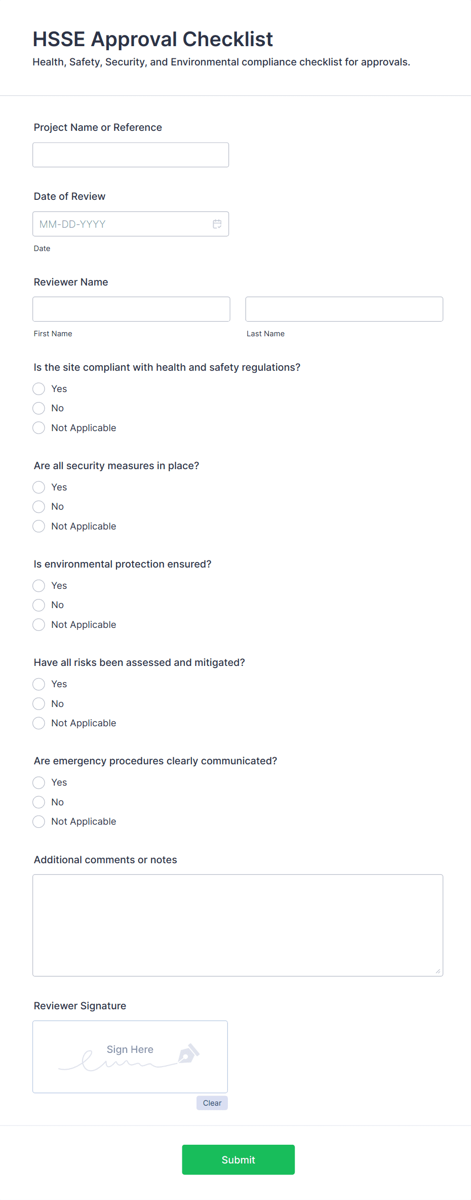 HSSE Approval Checklist Form Template | Jotform