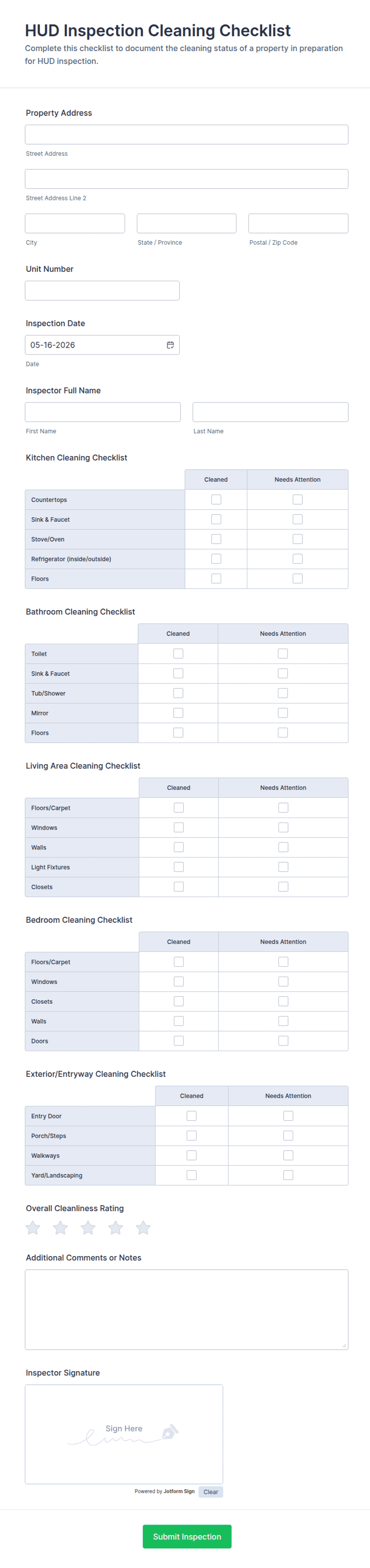 HUD Inspection Cleaning Checklist Form Template | Jotform