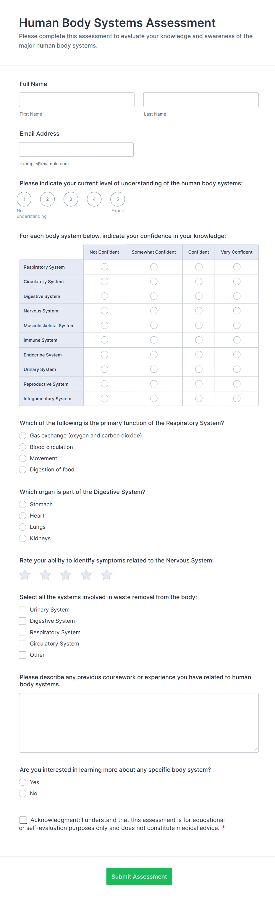 Human Body Systems Assessment Form Template | Jotform