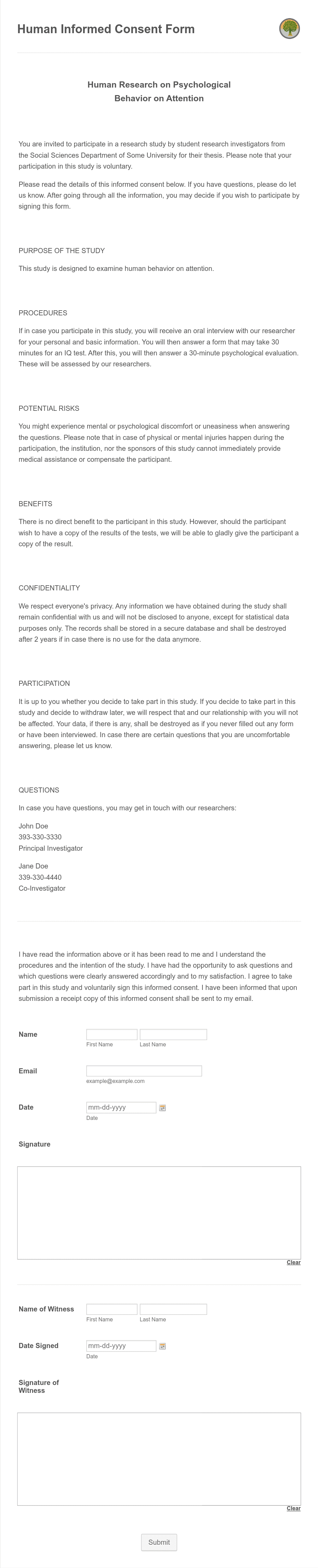 Human Informed Consent Form Template | Jotform