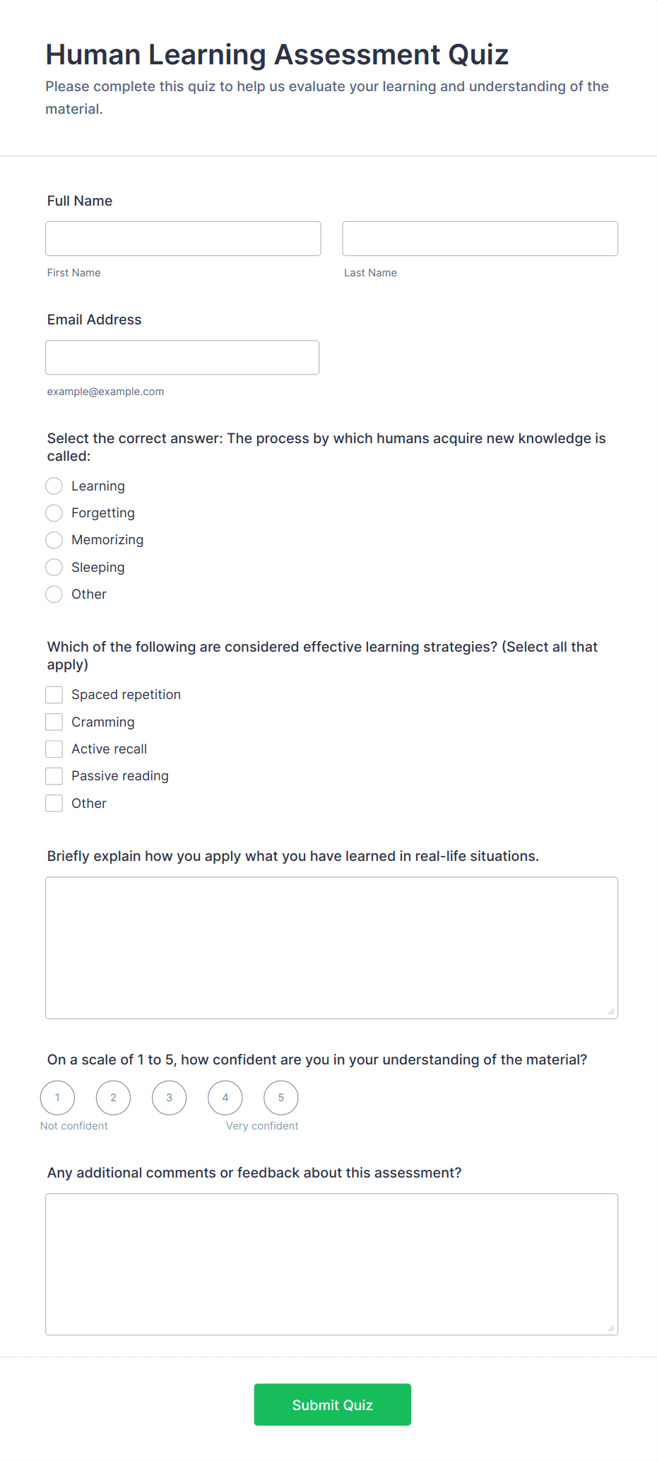 Human Learning Assessment Quiz Form Template | Jotform