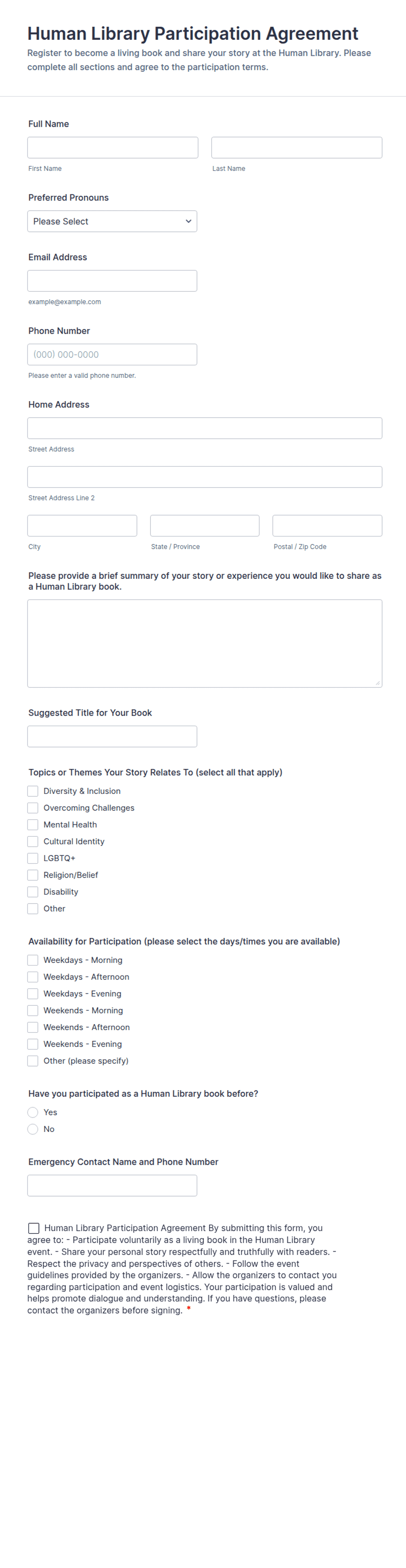 Human Library Participation Agreement Form Template | Jotform